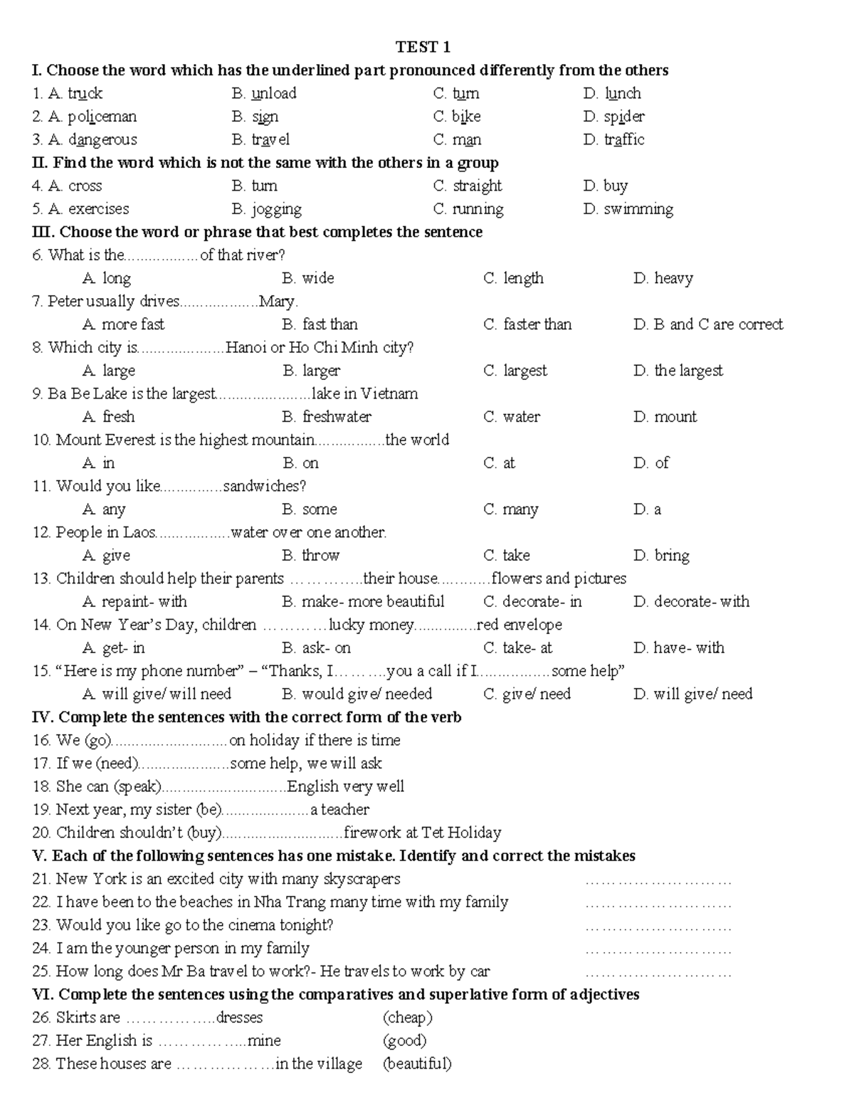 TEST 1 - Pronunciation, Vocabulary, and Grammar Exercises - Studocu