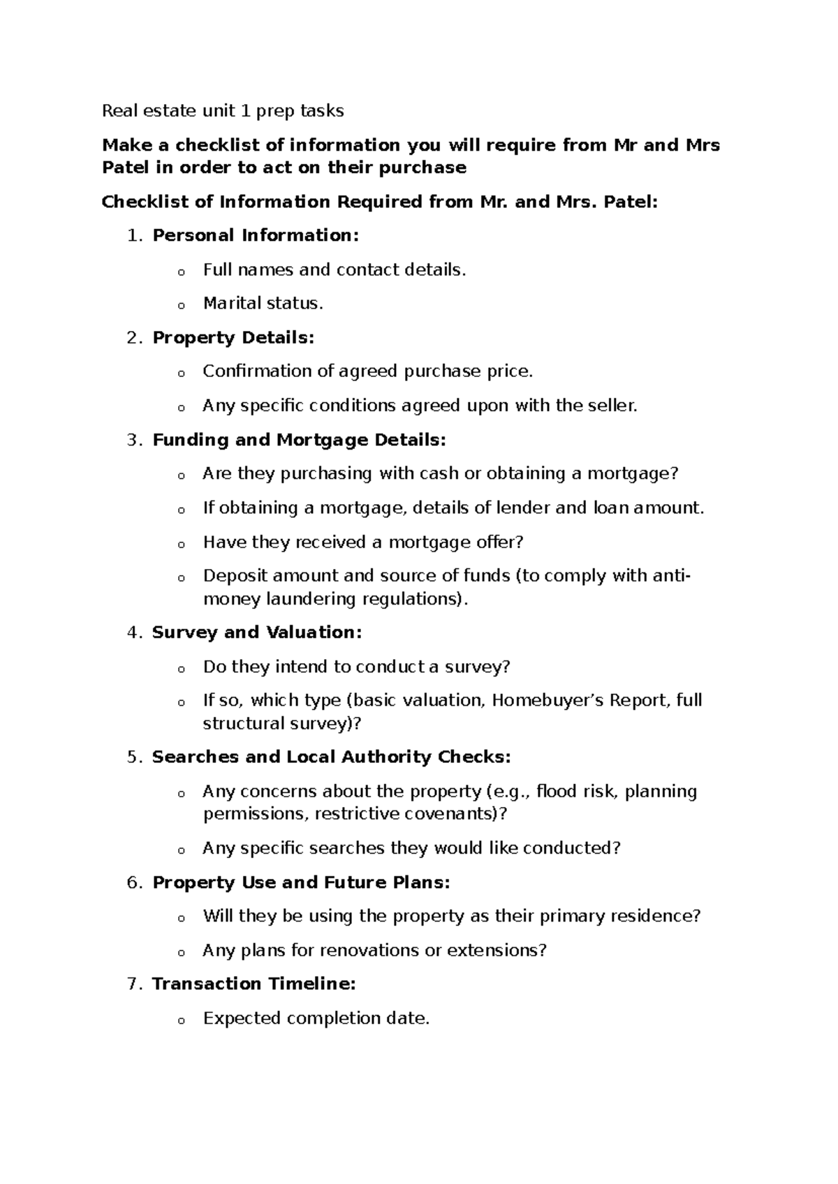 Real Estate Unit 1: Checklist & Advice for Mr. and Mrs. Patel's ...