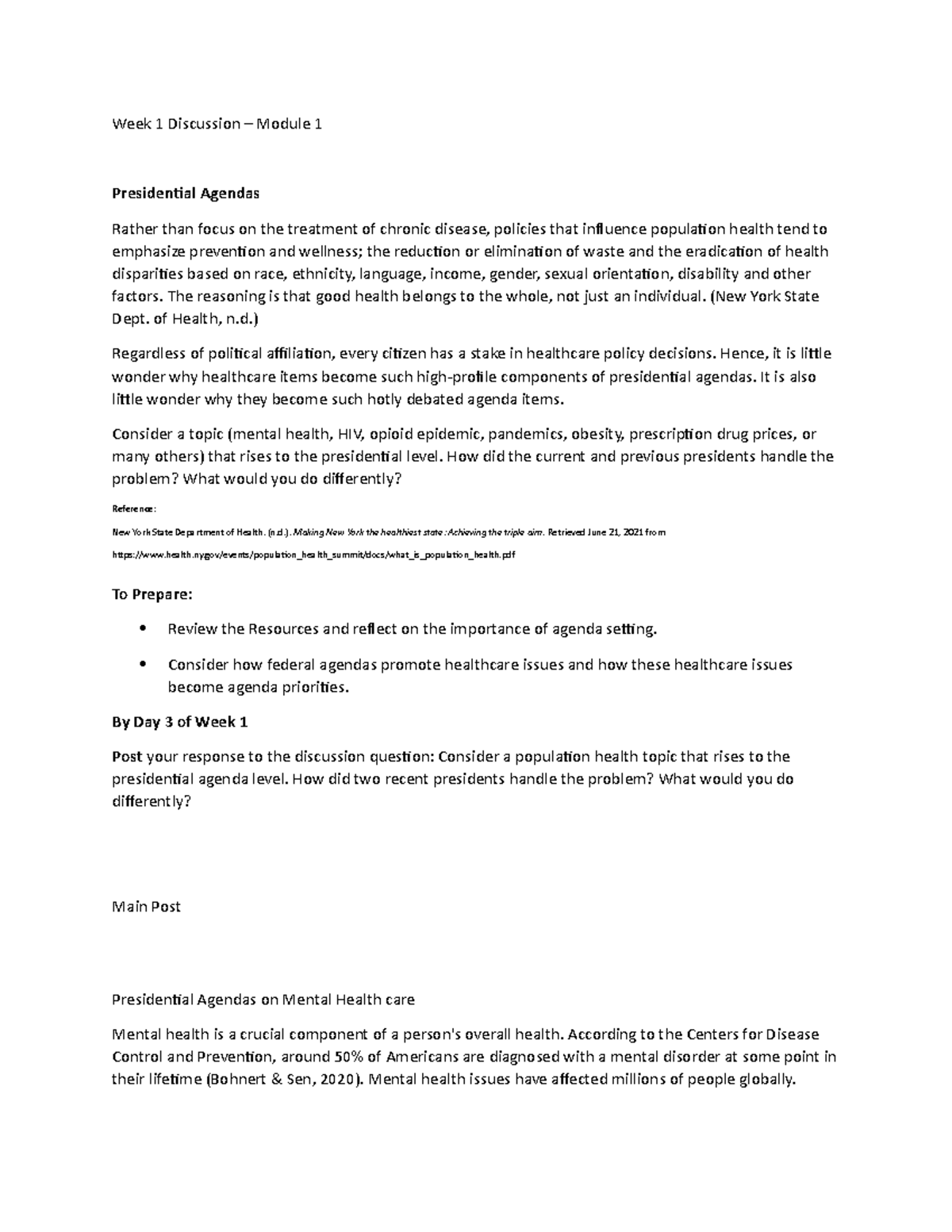 Week 1 Discussion – Policy on Presidential Mental Health Agendas - Studocu