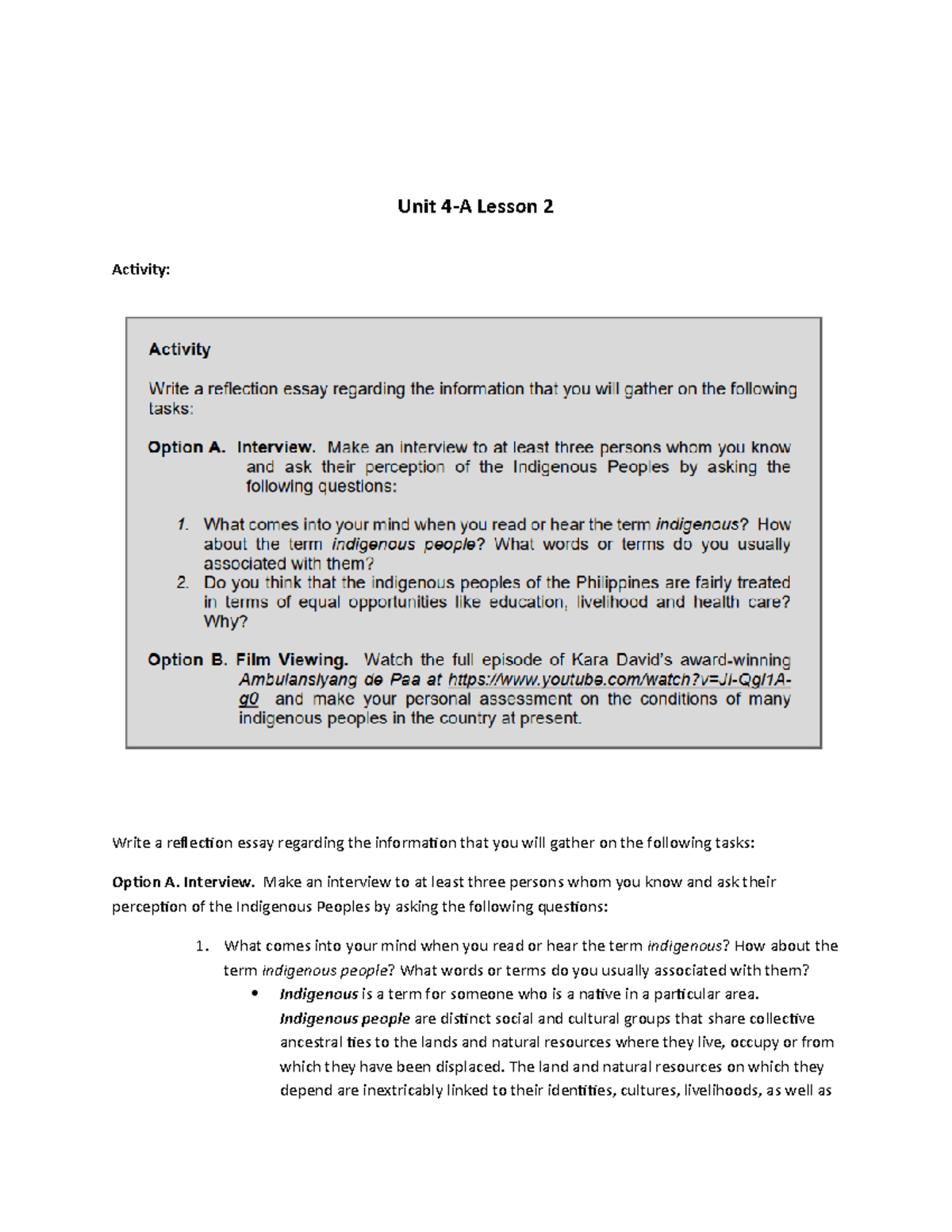 Unit 4-A Lesson 2 Activity in RIPH GEED 10033 - Unit 4-A Lesson 2 ...