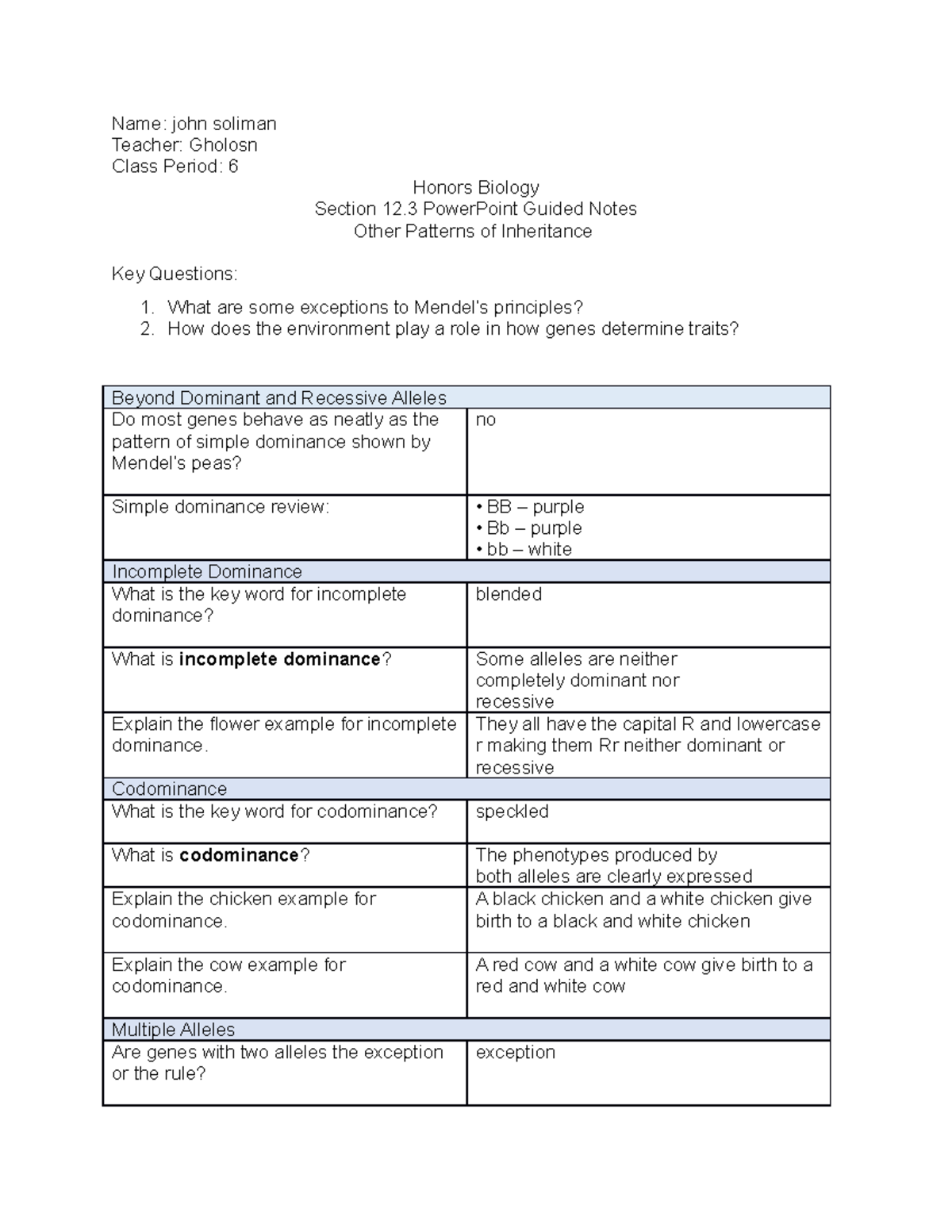12.3 Biology Other Patterns of Inheritance Guided Notes - Name: john ...