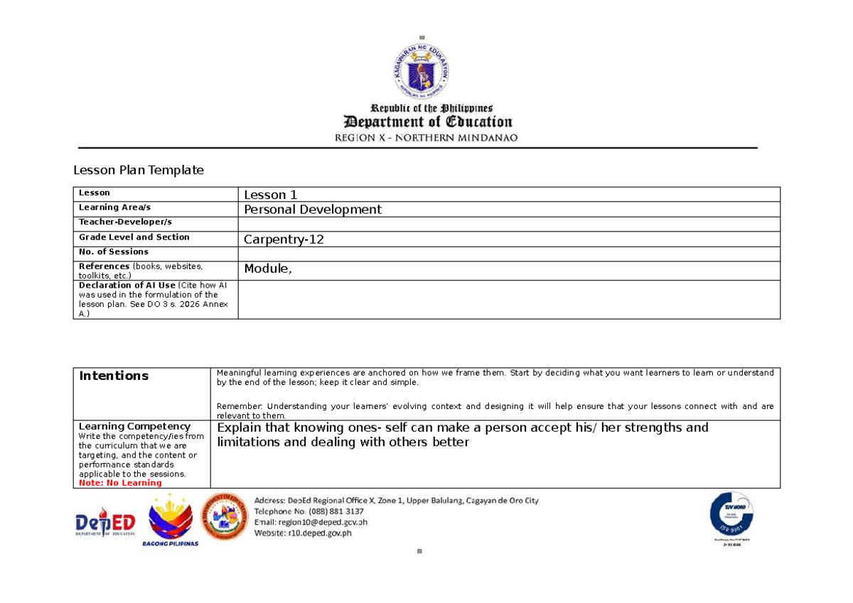 Lesson Plan Template: Personal Development (Per Dev - Assignment) - Studocu