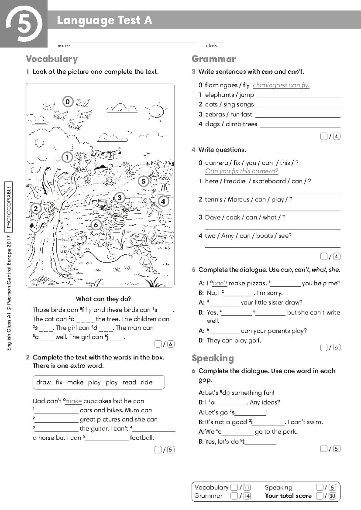 Eca1 Tests Language Test 6a - English Class A1 © Pearson Central Europe