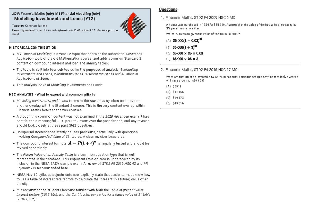 MA M1 Financial Modelling: Investments and Loans Overview - Studocu