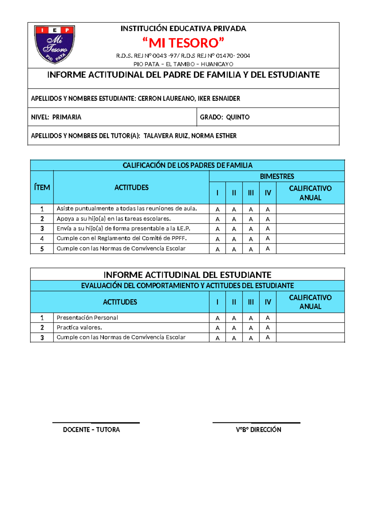 Informe Actitudinal Quinto Grado - I.E.P. "Mi Tesoro" - Studocu