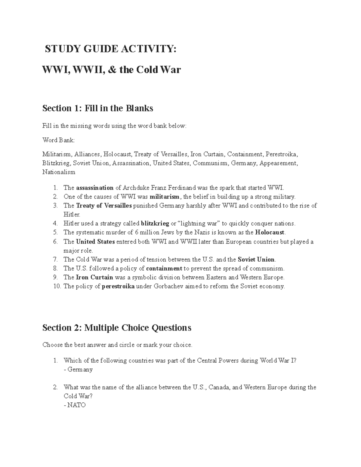 Study Guide: WWI, WWII, and the Cold War Overview (HIST101) - Studocu
