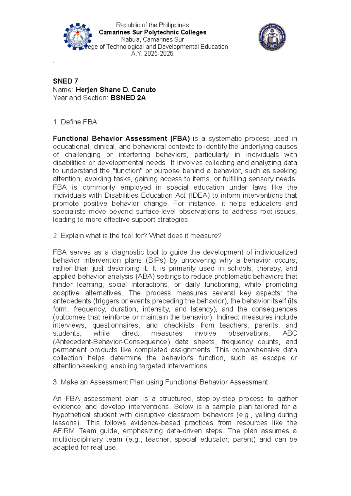 FBA Assessment Plan for BSNED 2A: Understanding Behavior Interventions ...