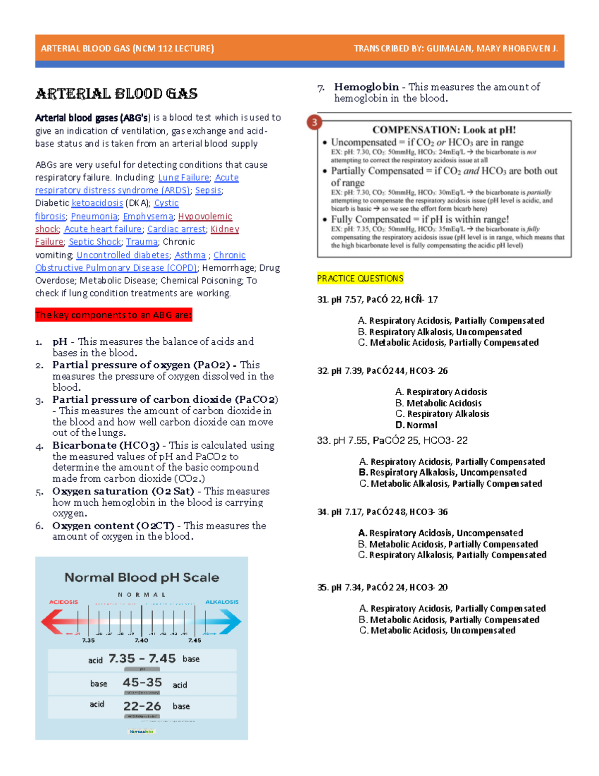 Arterial Blood GAS - ARTERIAL BLOOD GAS (NCM 112 LECTURE) TRANSCRIBED ...