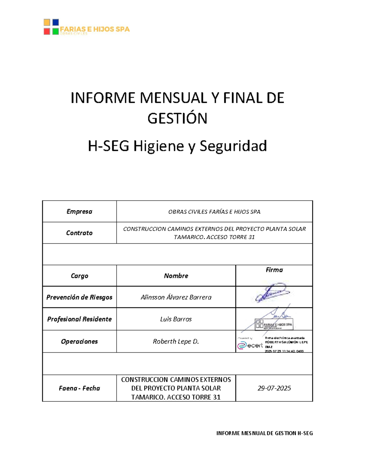 Informe Mensual de Seguridad - Proyecto Planta Solar Tamarico 2025 ...