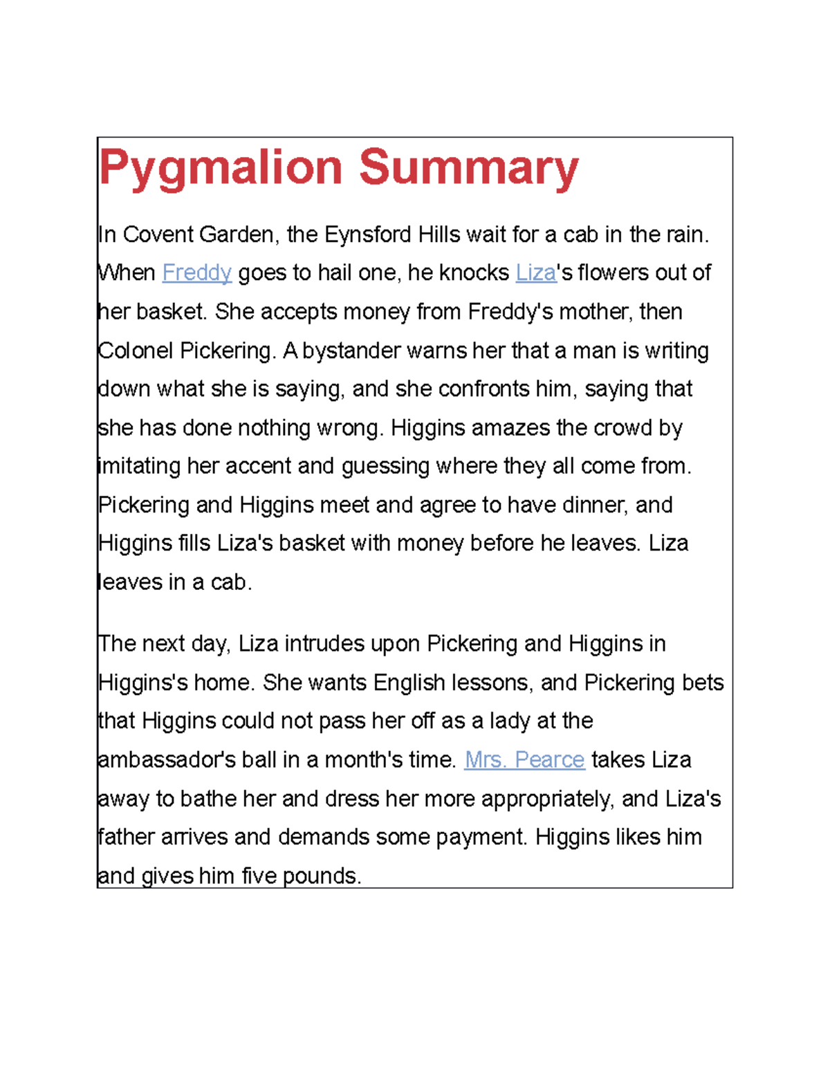 Pygmalion Summary: Key Plot Points & Character Insights - Studocu