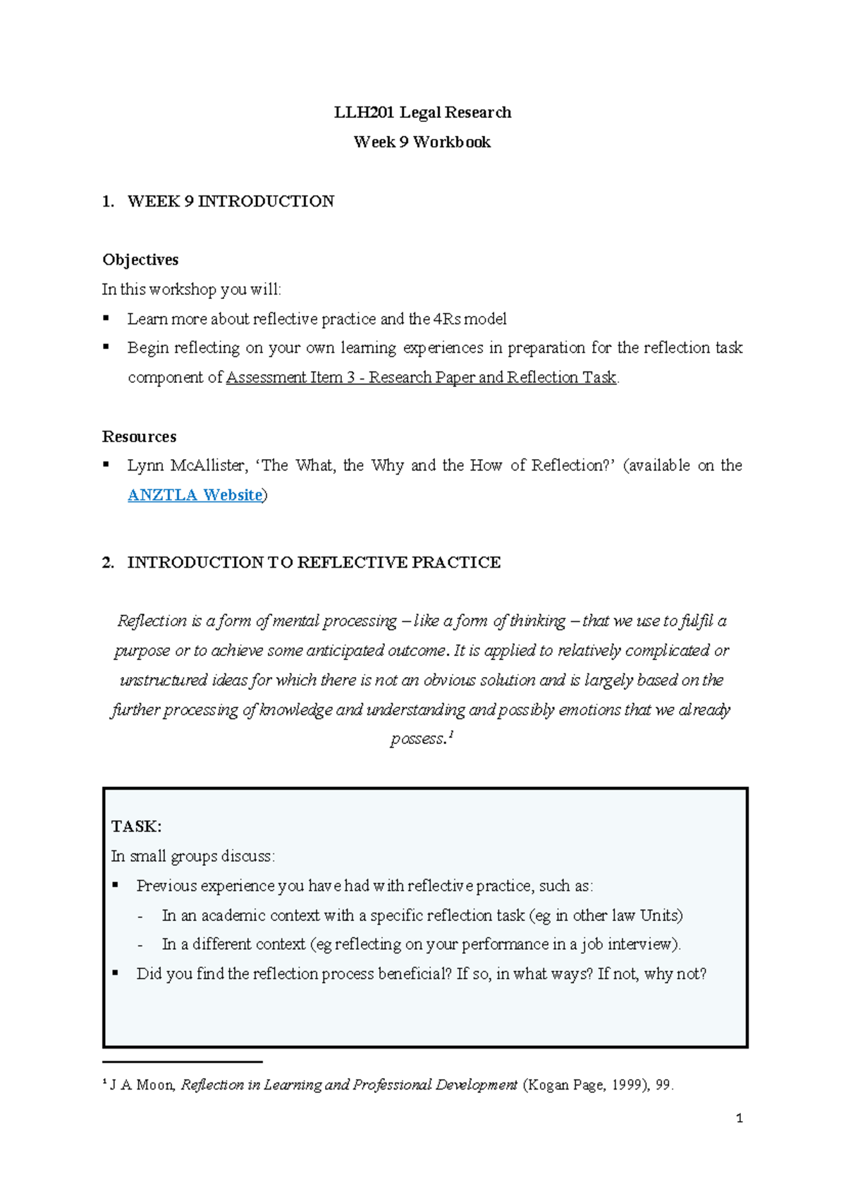 LLH201 Legal Research Week 9: Reflective Practice Workbook - Studocu