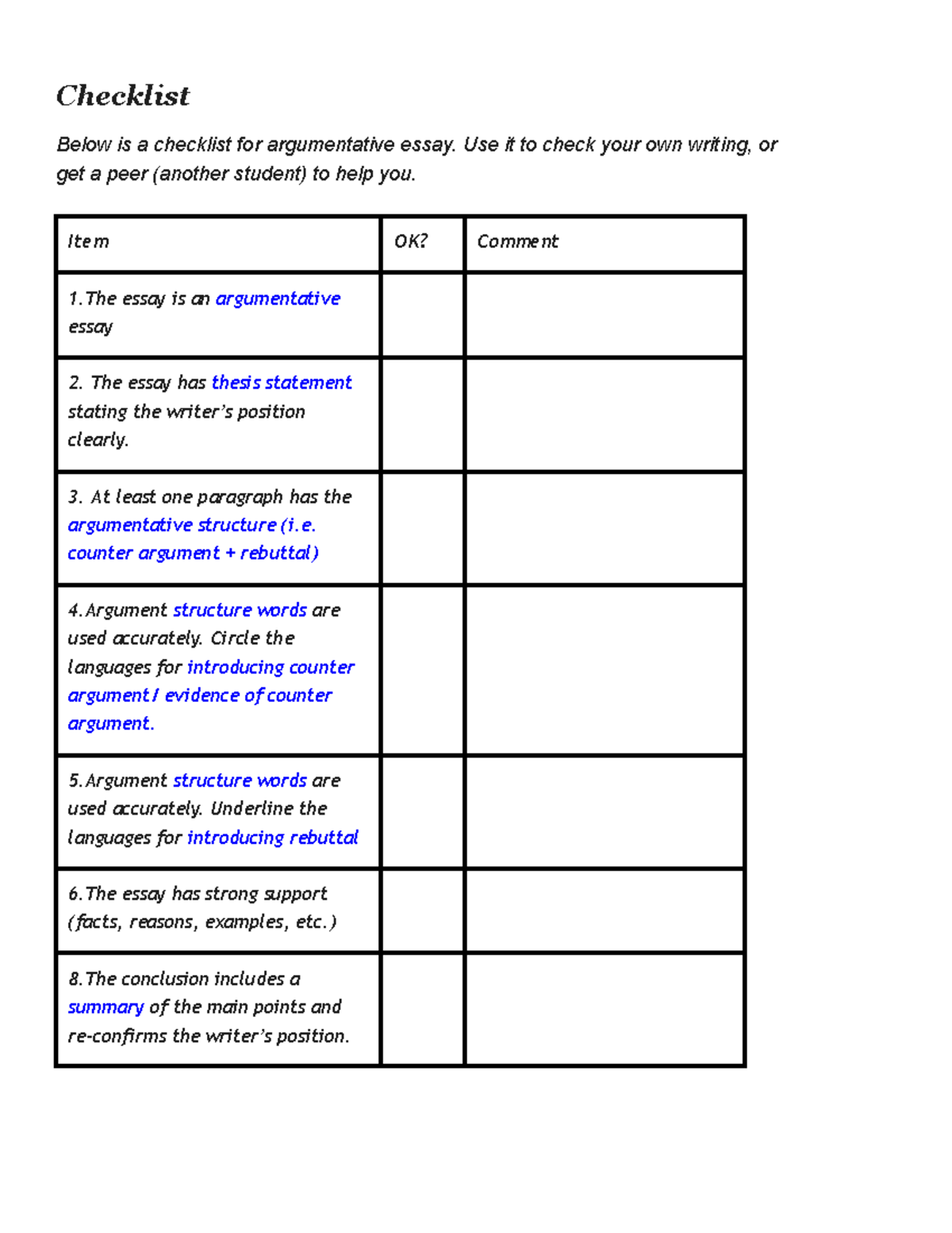 Checklist for Argumentative Essay (ENG 101) - Studocu