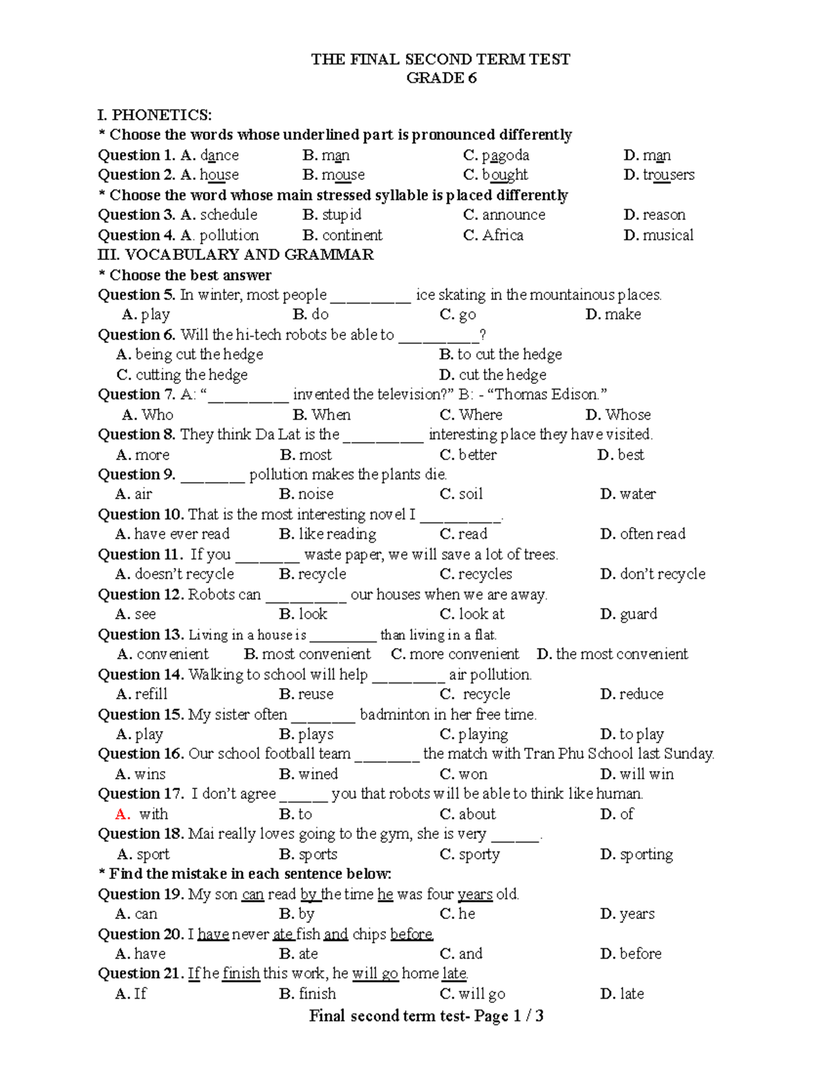 Final Exam - Grade 6 - Second Term Test De-Du-Bi-Anh 6 Ki 2 - Studocu