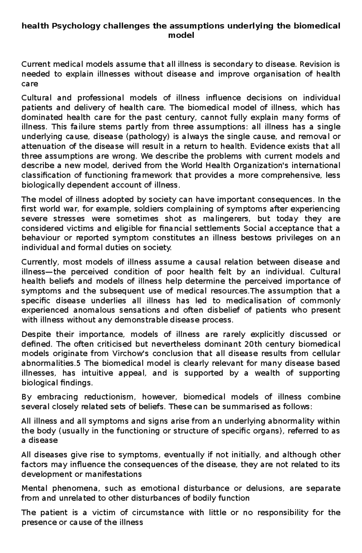 Health Psychology and the Limitations of the Biomedical Model - Studocu