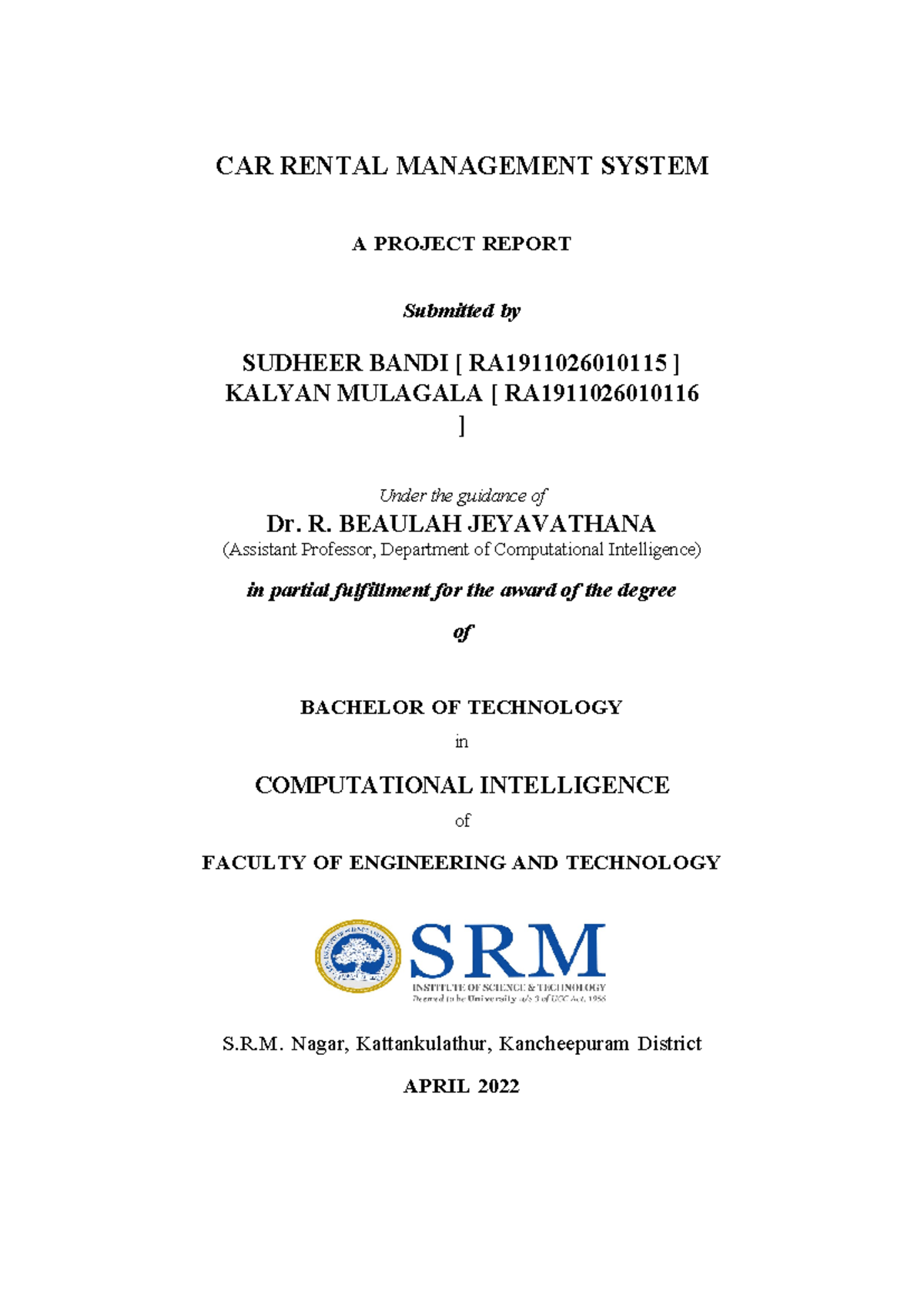 DBMS Mini Project Report - CAR RENTAL MANAGEMENT SYSTEM A PROJECT ...