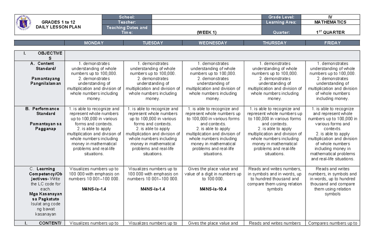DLP MATH 4 Q1 W1 - Detailed Lesson Plan for Grade IV Mathematics - Studocu