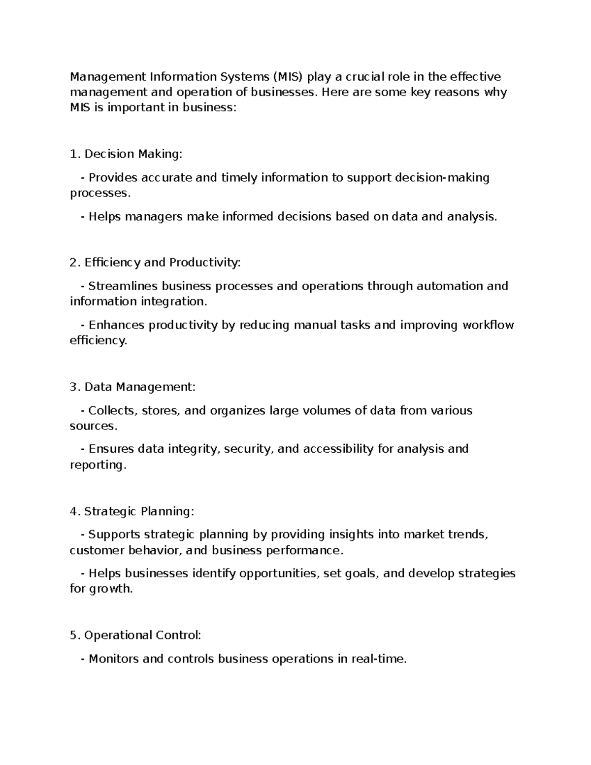 MIS-BUS - MANAGEMENT INFORMATION SYSTEM ASSIGNMENT - Management Information Systems (MIS) play a ...