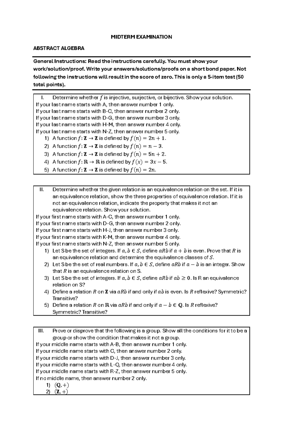 Abstract Algebra Midterm Examination - MIDTERM EXAMINATION ABSTRACT ...
