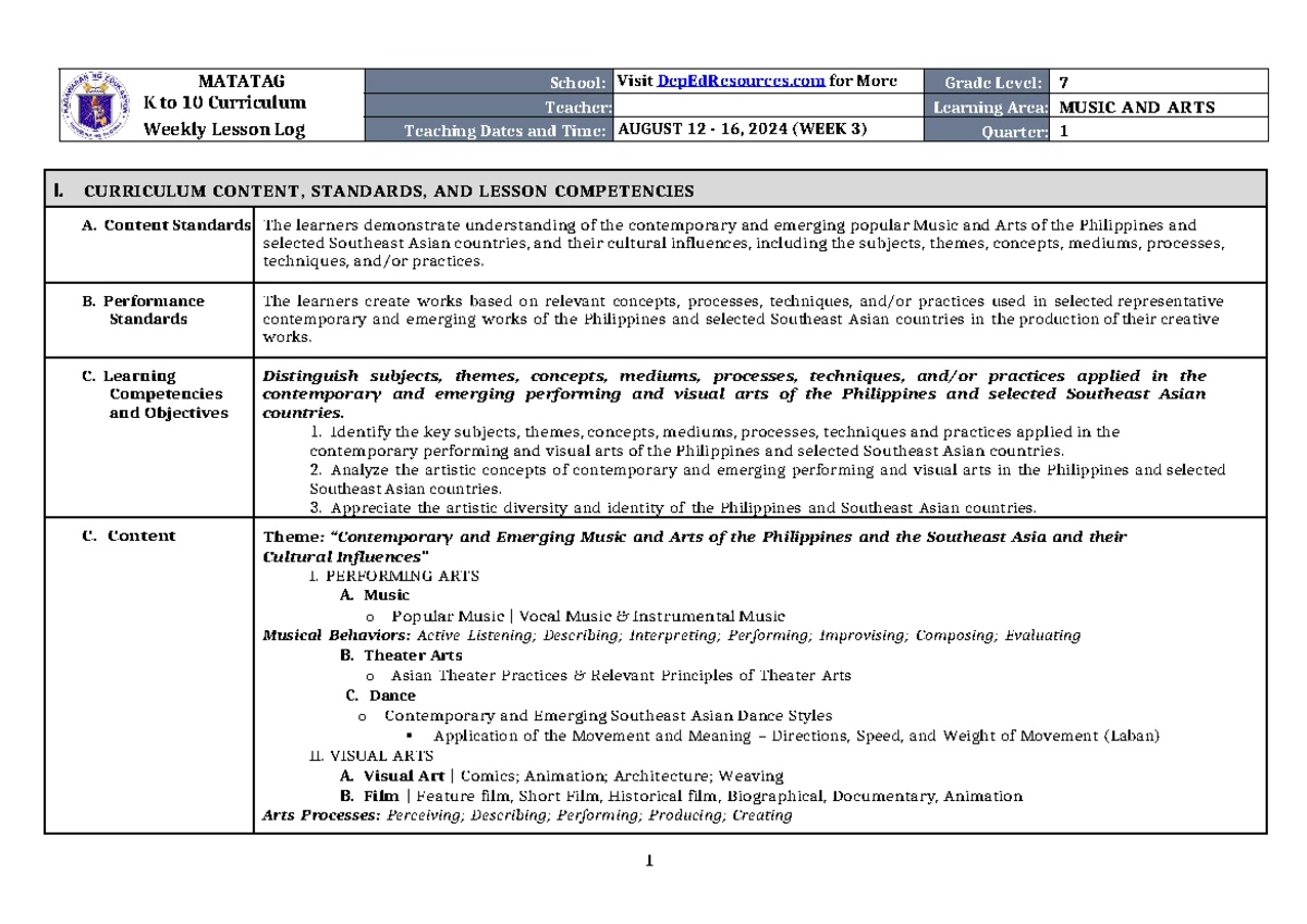 DLL Matatag PE & Health 7 Q1 W3 - I. CURRICULUM CONTENT, STANDARDS, AND LESSON COMPETENCIES A ...