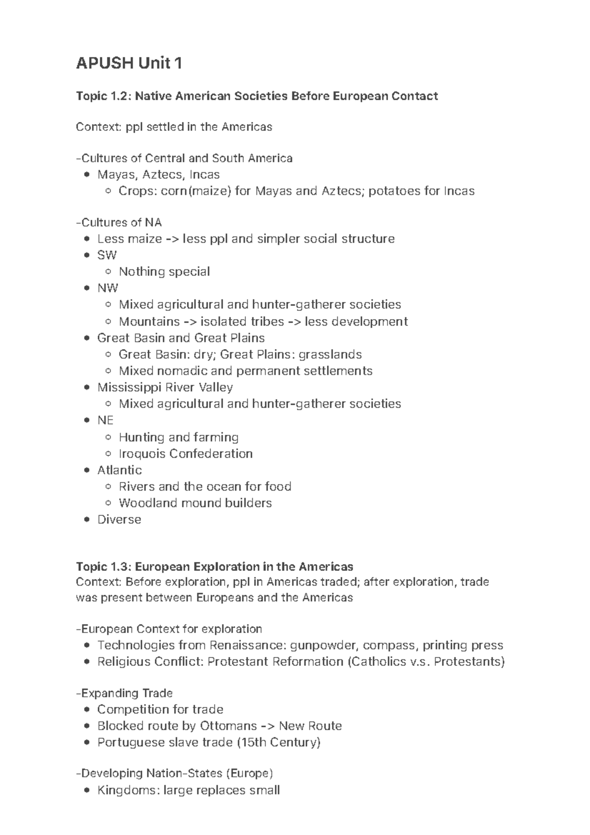 APUSH Unit 1 - Notes on Native American Societies & European ...
