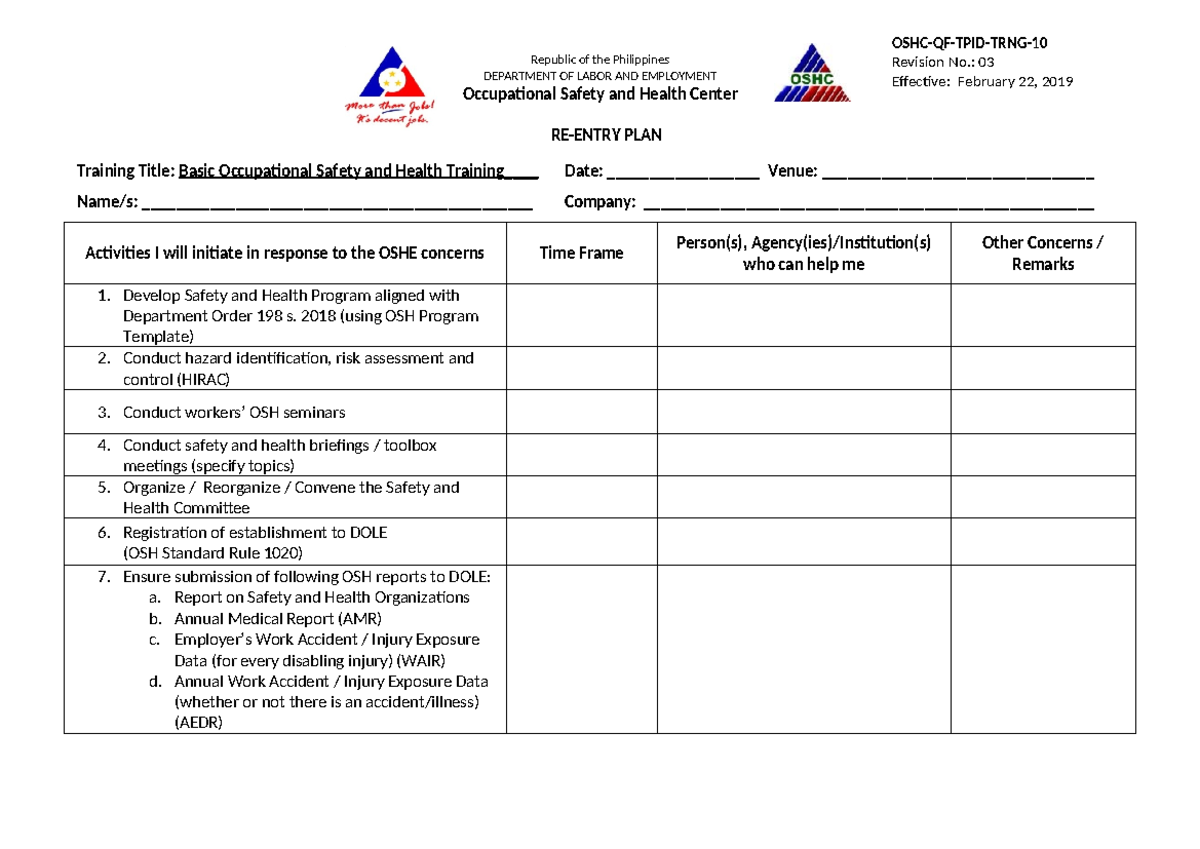 OSH Plan Training: Basic Occupational Safety & Health (DOLE 2019) - Studocu