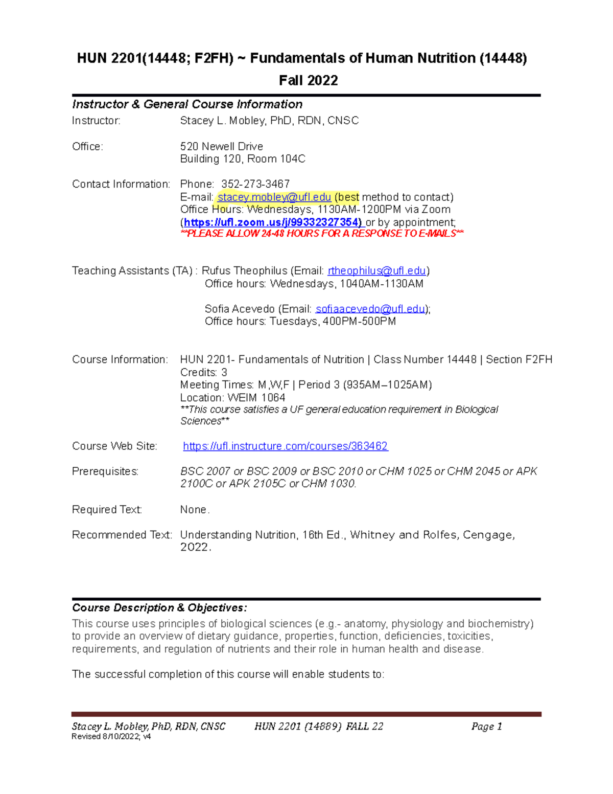 HUN 2201 Fall 2022 Syllabus: Fundamentals of Human Nutrition - Studocu