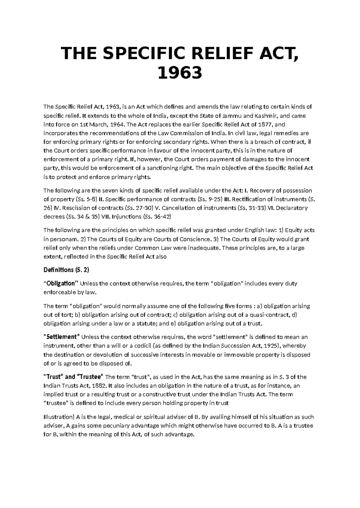 Specific Relief Act, 1963: Key Provisions and Legal Insights - Studocu