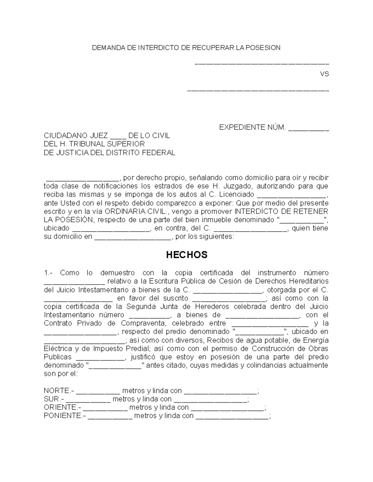 Demanda de Interdicto para Retener la Posesión - Procedimiento Civil ...