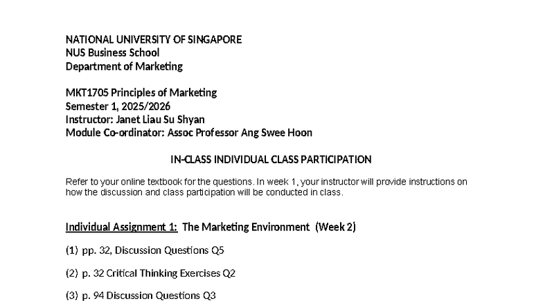 MKT1705 In-Class Participation Discussion Questions - Aug 2025 - Studocu