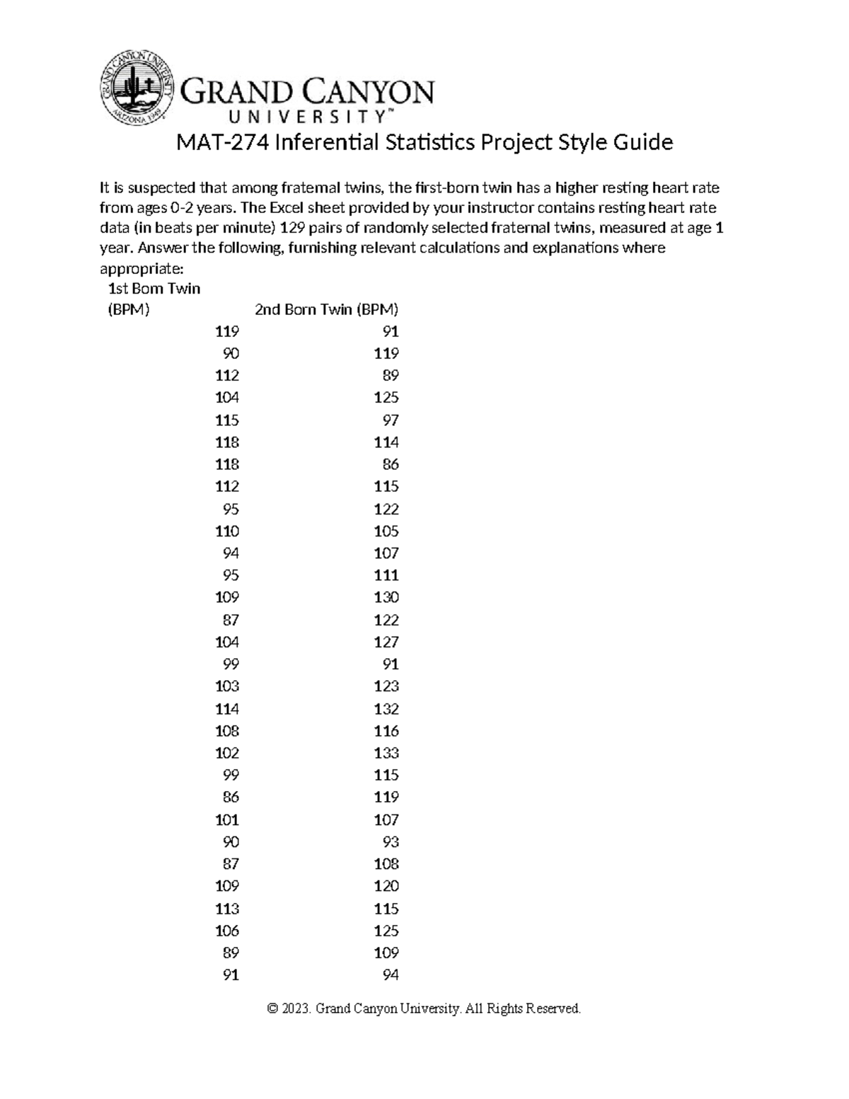 MAT-274 Inferential Statistics Project: Heart Rate Analysis of Twins ...