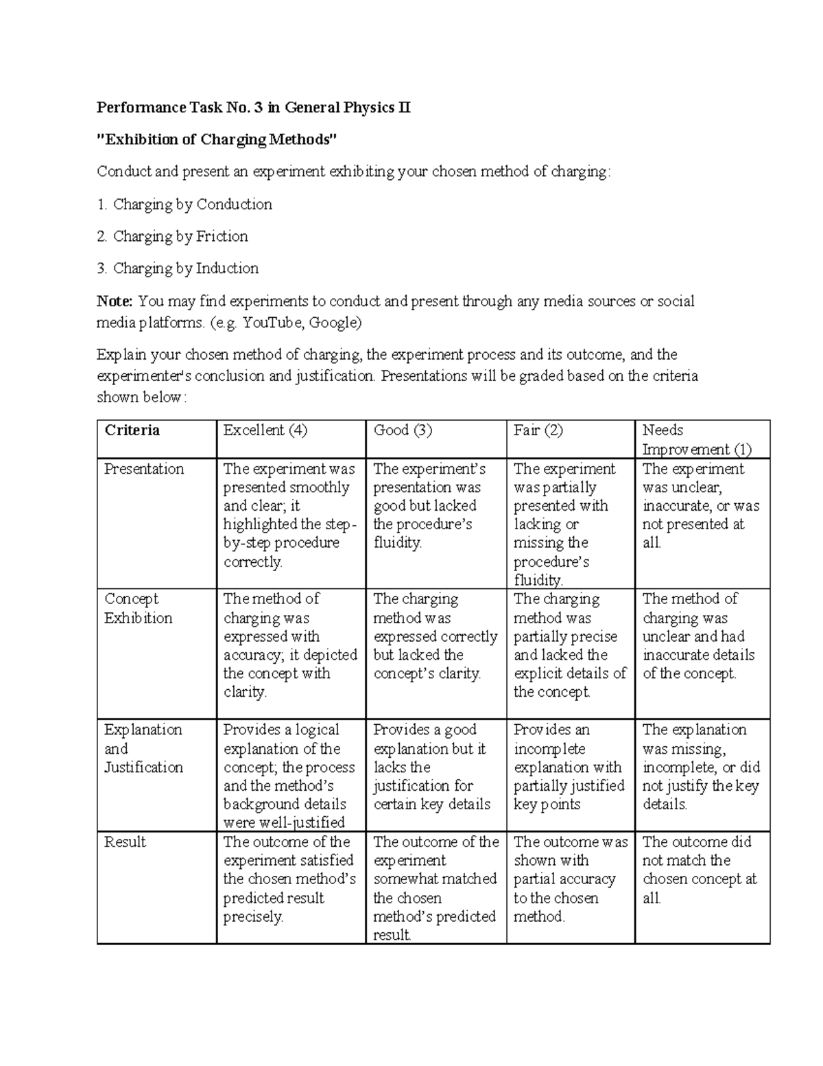 PT3 in Physics II - Rubrics of Physical Education. - Performance Task ...