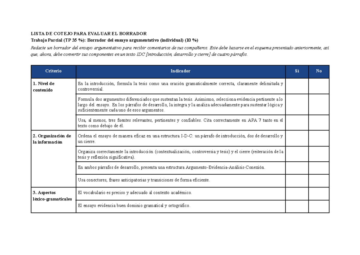 Lista de Cotejo para Evaluar el TP 35: Borrador del Ensayo ...