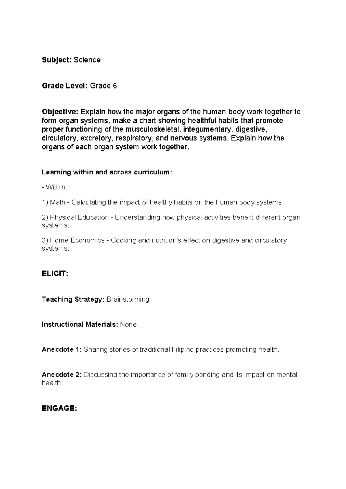 Lesson plan - Subject: Science Grade Level: Grade 6 Objective: Describe ...