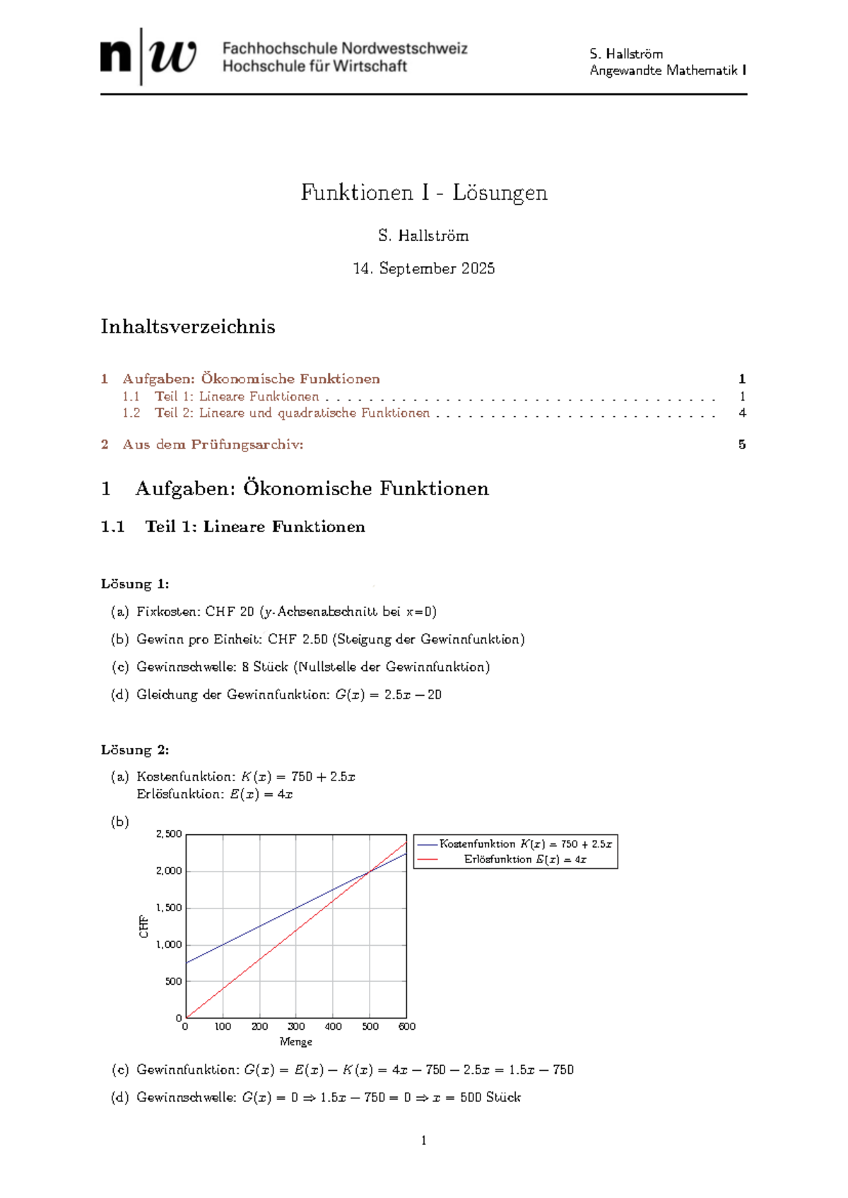 Angewandte Mathematik I: Lösungen zu Ökonomischen Funktionen M1 SOL ...