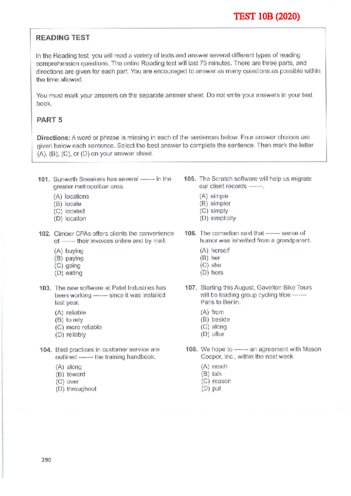 TEST 10B (2022) READING COMPREHENSION PRACTICE QUESTIONS - Studocu