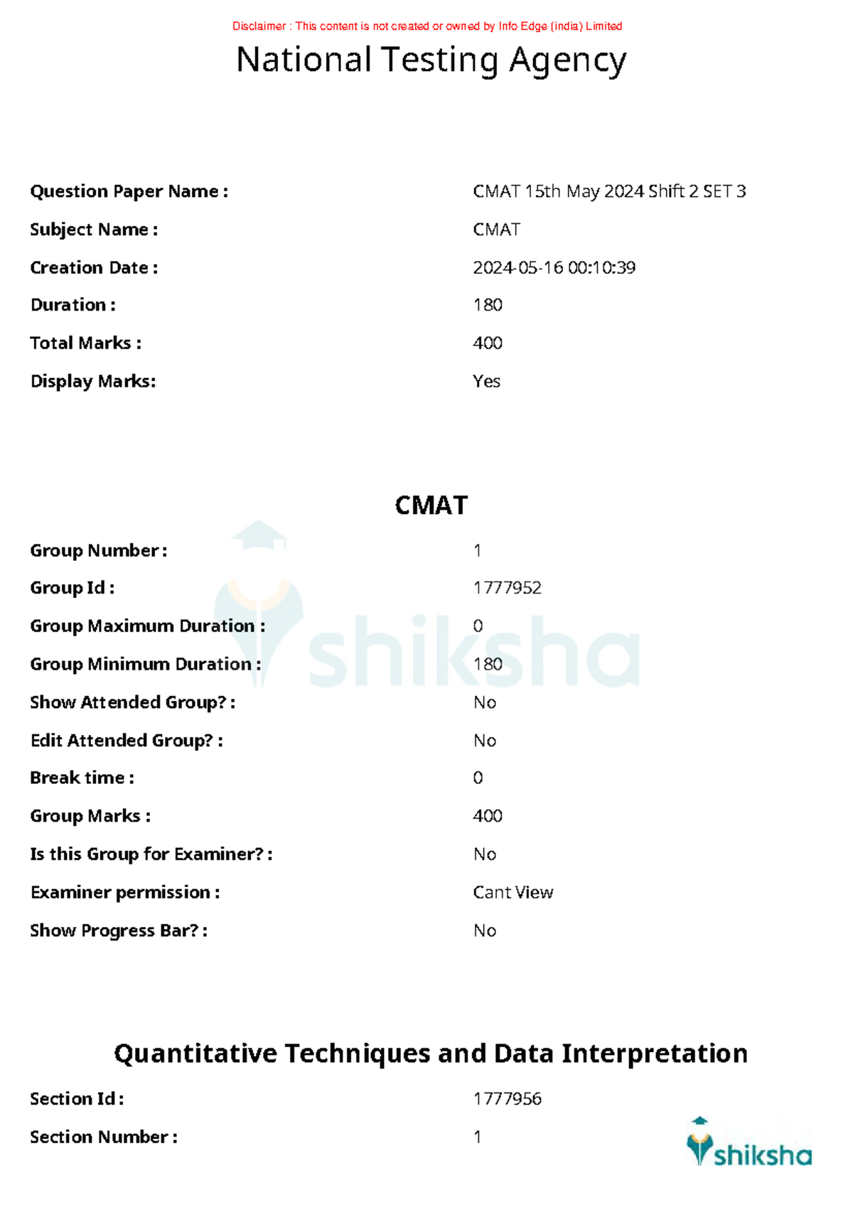 CMAT 2024 Question Paper - 15th May Shift 2 SET 3 - Studocu