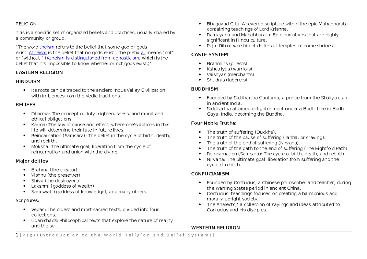 Religious Studies Hand-Outs: Week 1 Overview & Key Concepts - Studocu
