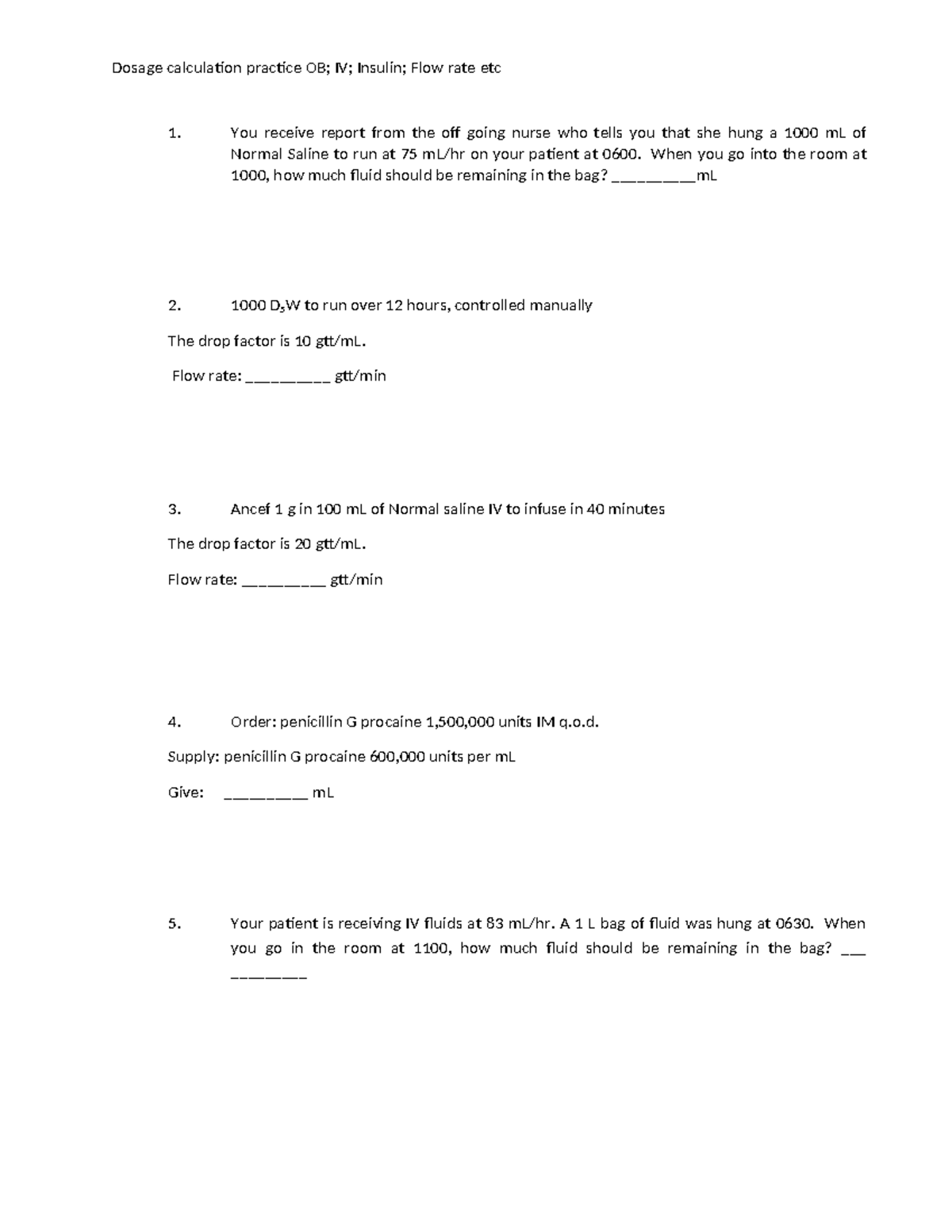 IV Flow Rate Calculations Practice - Med Math I N O 1211 - Studocu