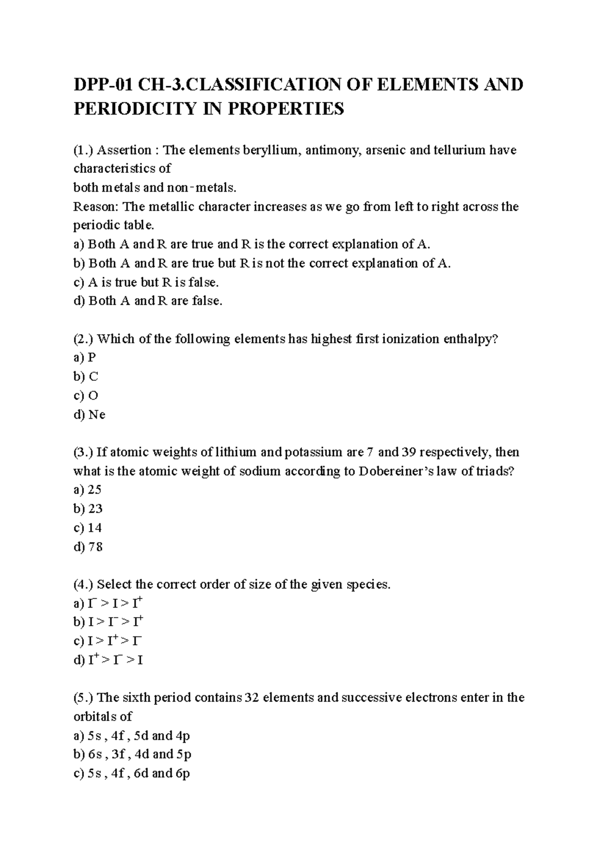 11 CH-3 DPP-1: Elements and Periodicity in Properties Review - Studocu