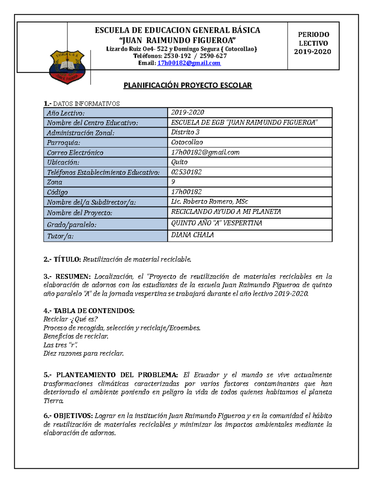 Proyectos Escolares 2019-2020 - ESCUELA DE EDUCACION GENERAL BÁSICA ...