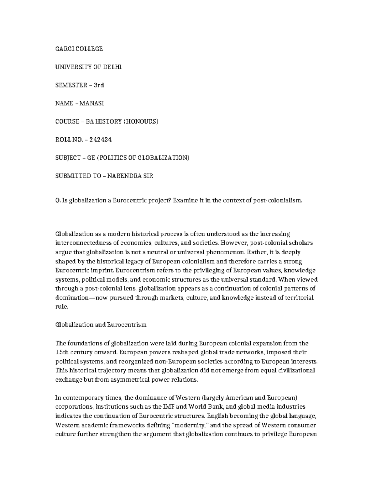 Globalization: A Eurocentric Perspective - BA History (Hons) Assignment ...