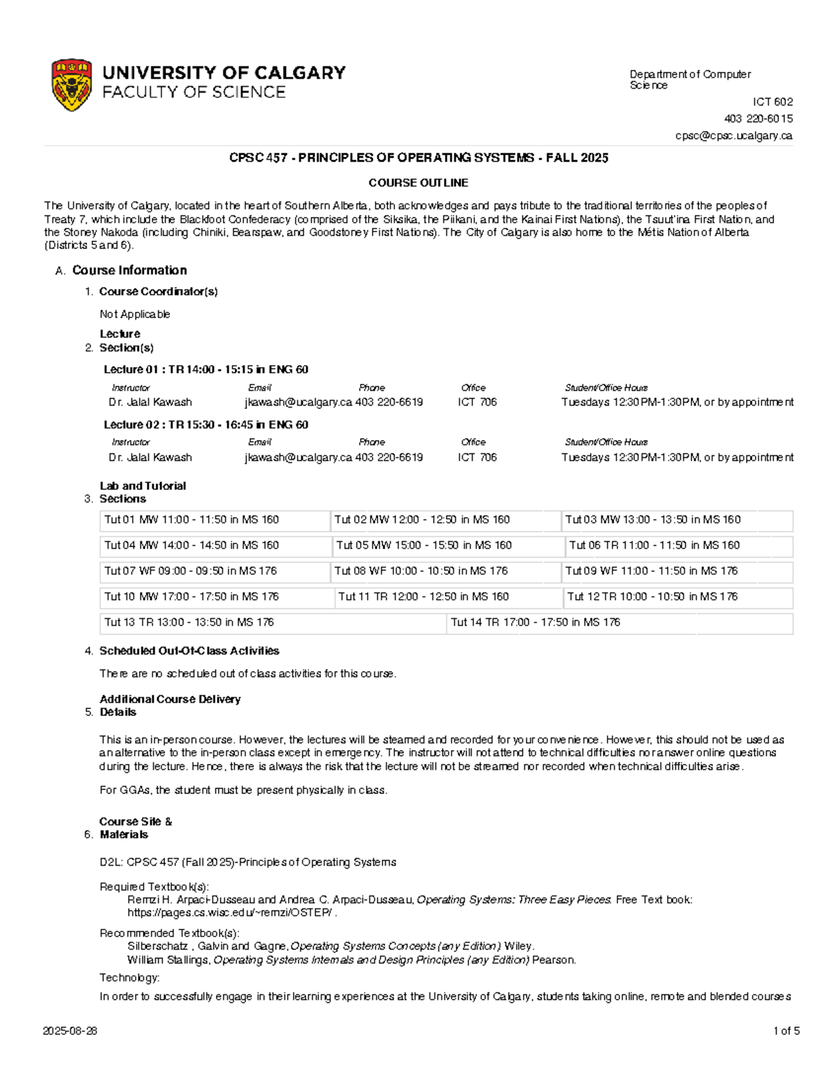 CPSC 457 ICT 602 Principles of Operating Systems Fall 2025 Course Outline - Studocu