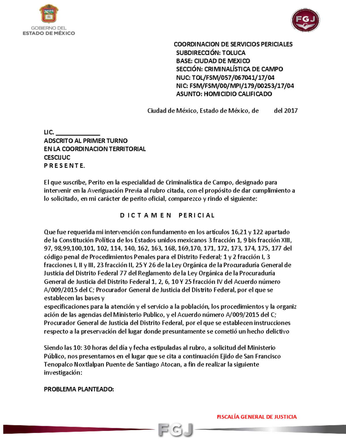 Dictamen Pericial en Criminalística de Campo - Homicidio Calificado FGJ ...