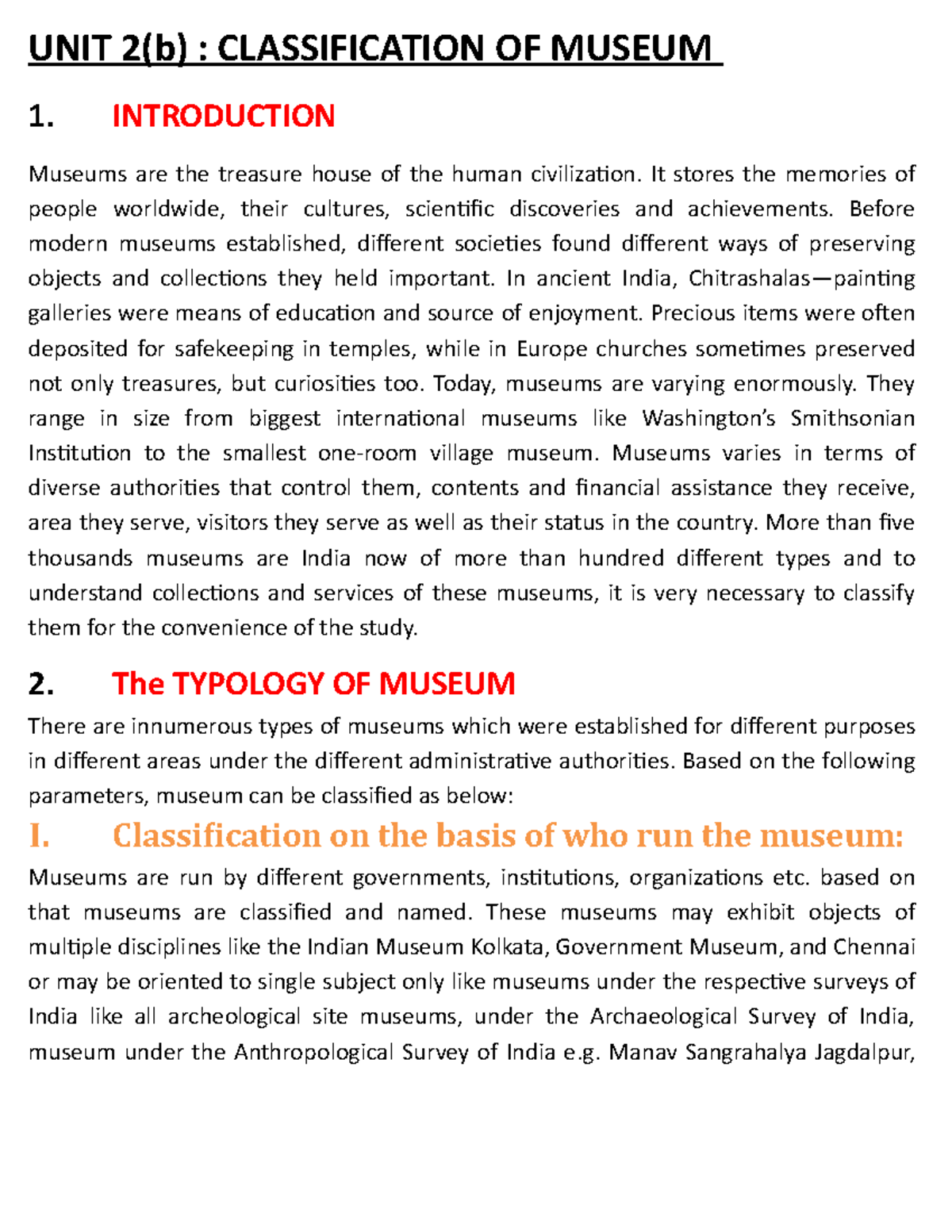 UNIT 2 (b) - Museology notes - UNIT 2(b) : CLASSIFICATION OF MUSEUM 1 ...