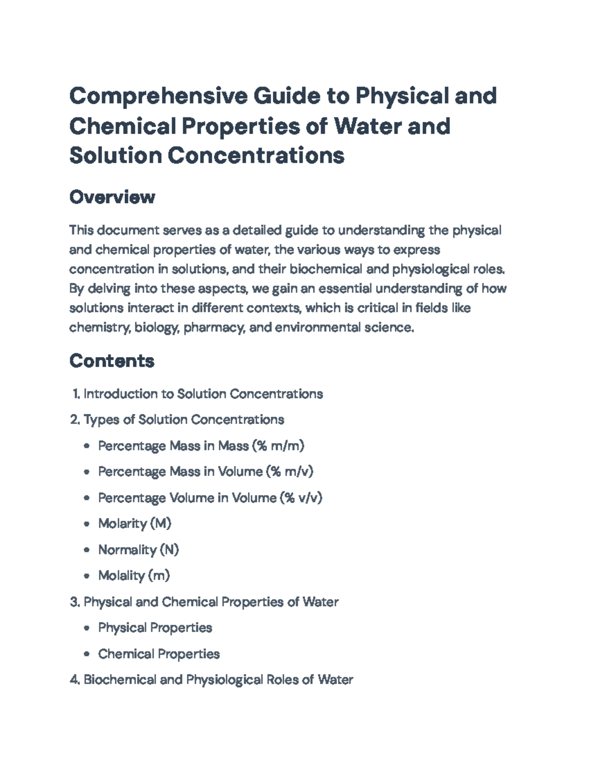 Comprehensive Overview of Water Properties & Solution Concentrations ...
