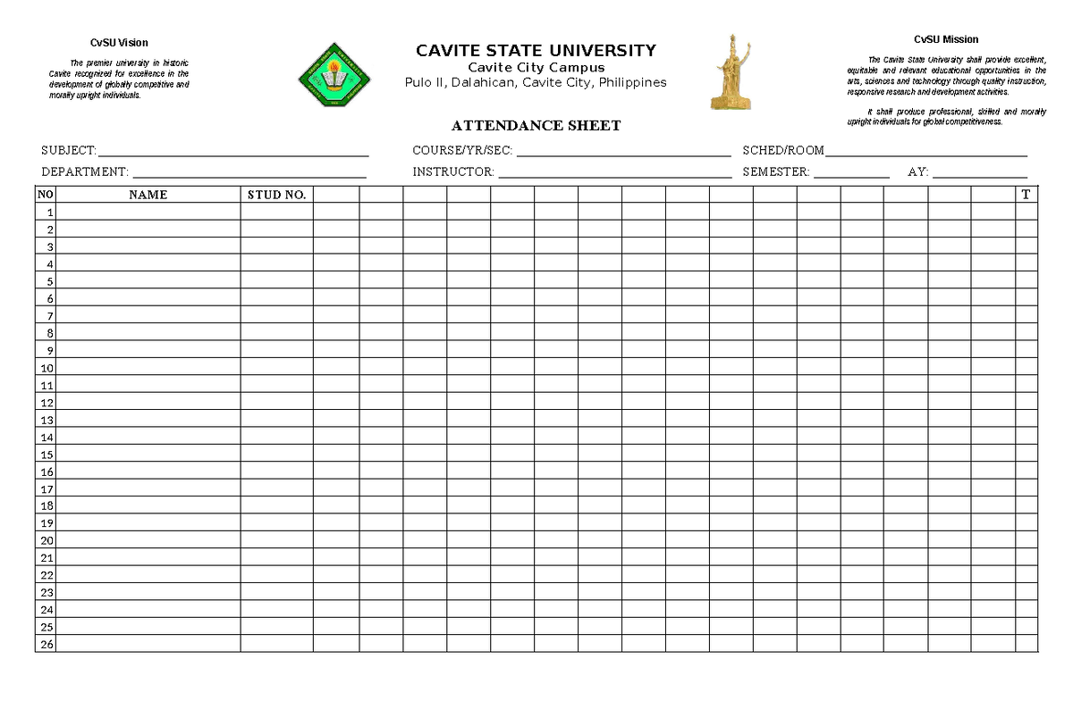 CvSU Attendance Sheet Template - Course Details Needed - Studocu