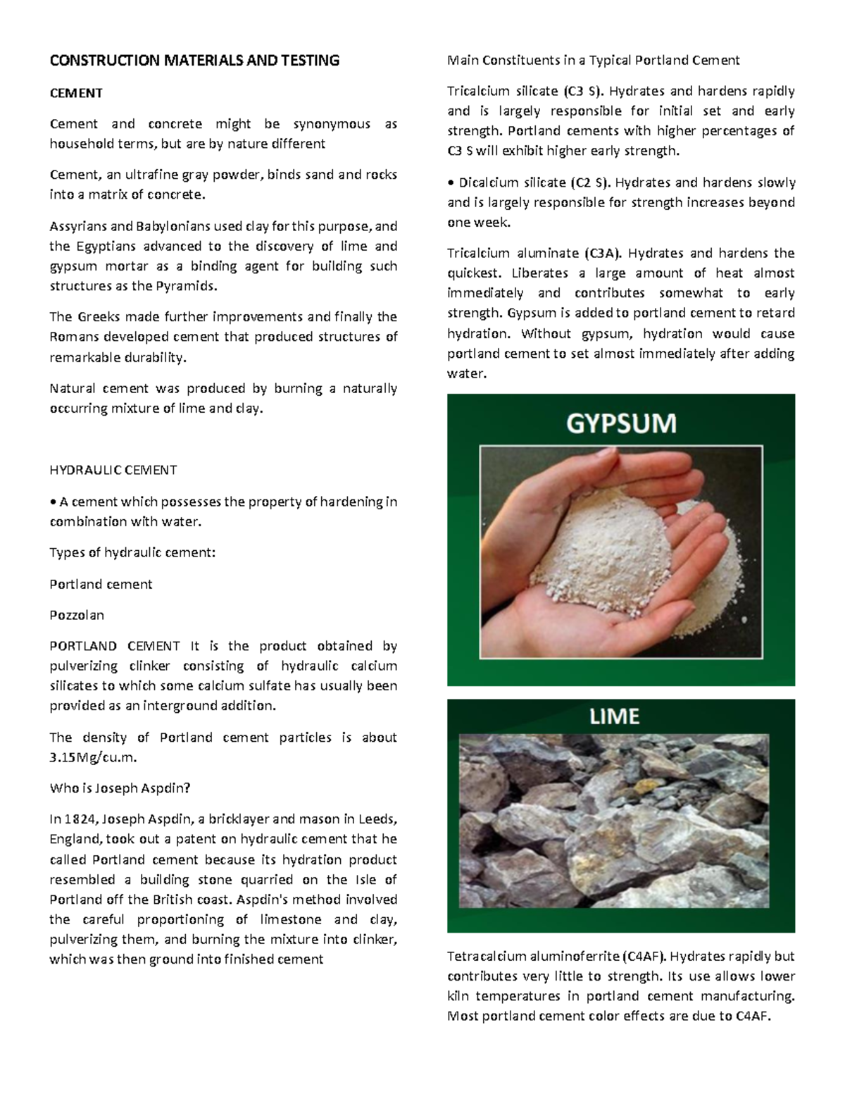 QUIZ 1 Notes on Construction Materials and Testing - Studocu