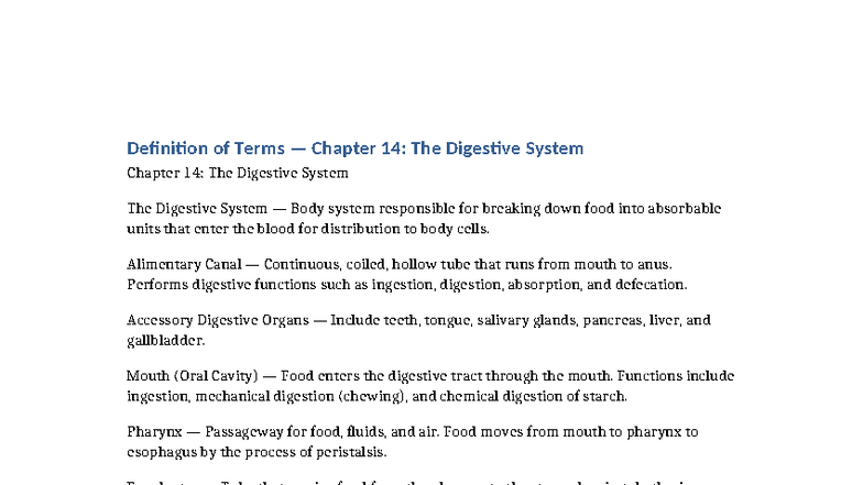Definition of Terms: Chapter 14 - The Digestive System - Studocu