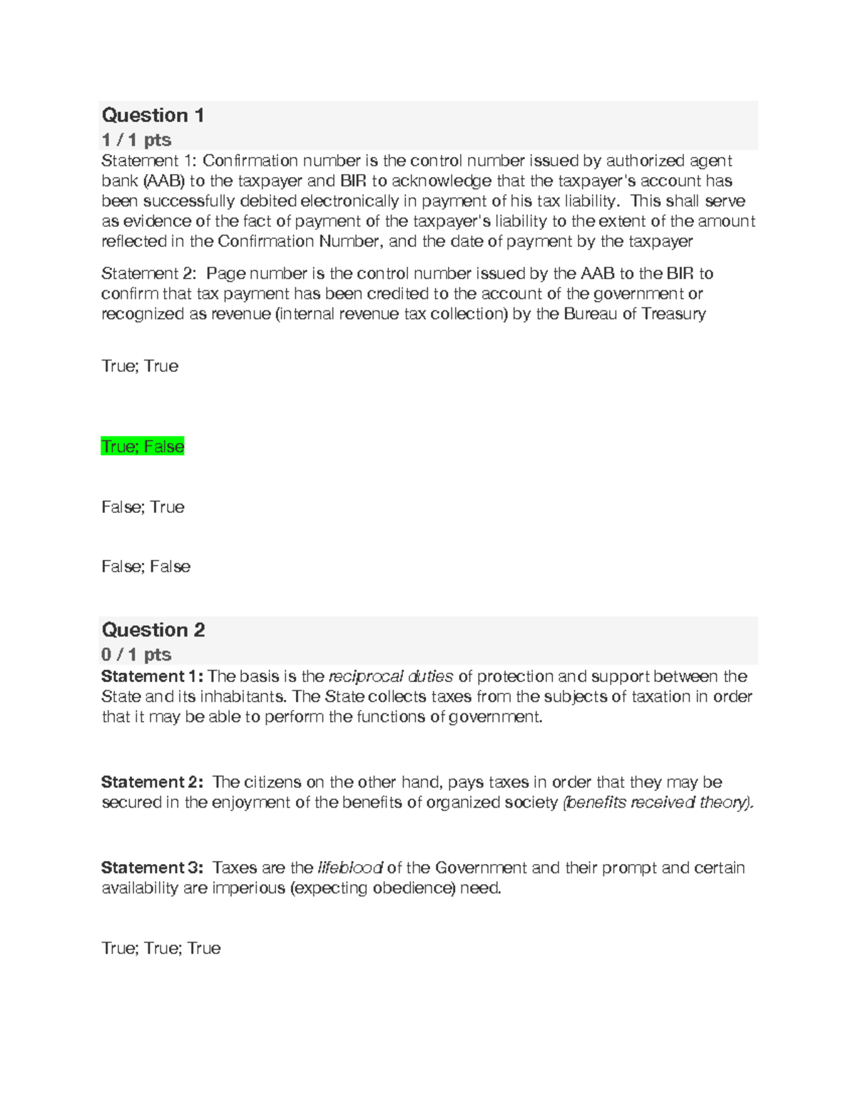 TAXATION - PART 1 AND PART 2 QUIZZES IN TAX - Question 1 1 / 1 pts ...