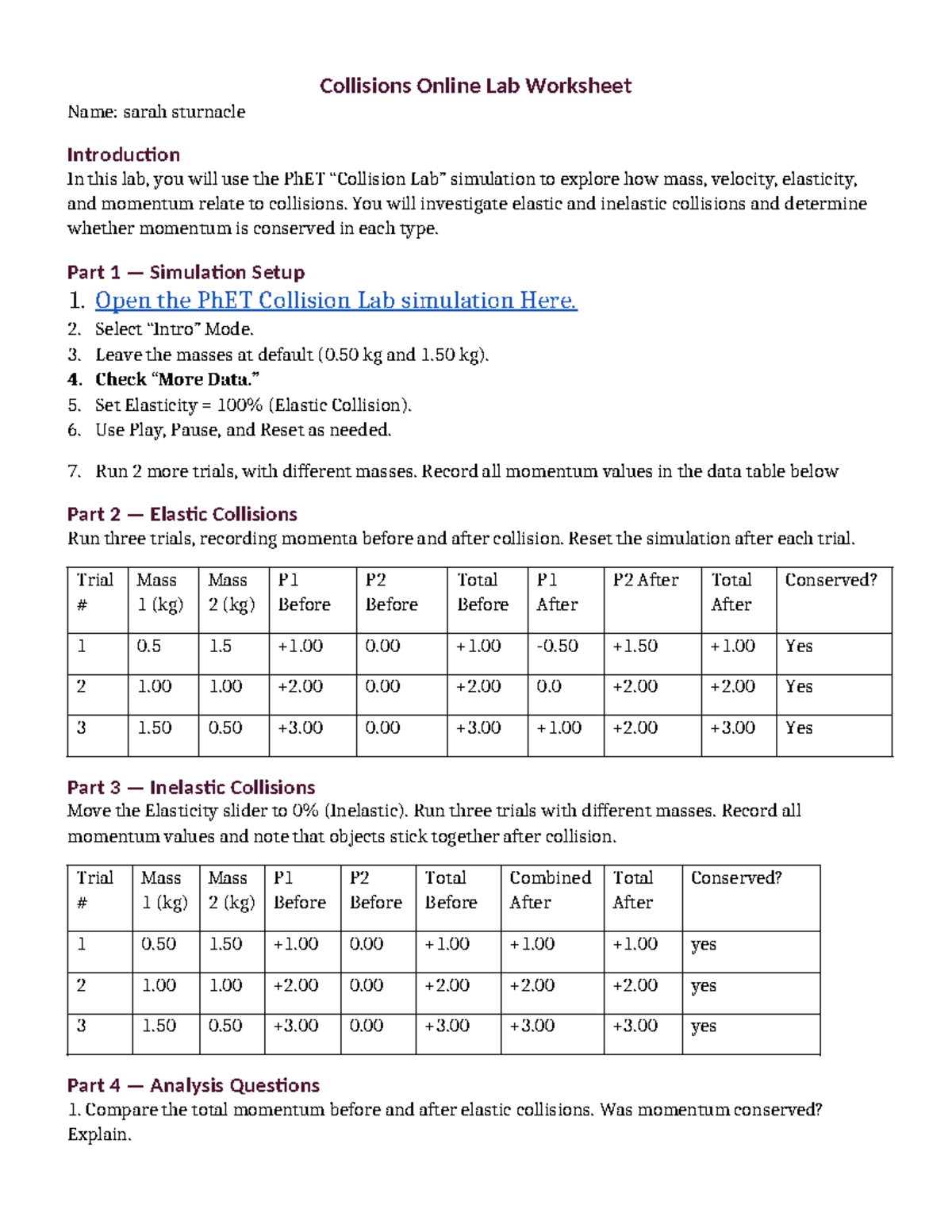 Collisions Lab Worksheet (PHET Simulation) - Analysis & Data - Studocu